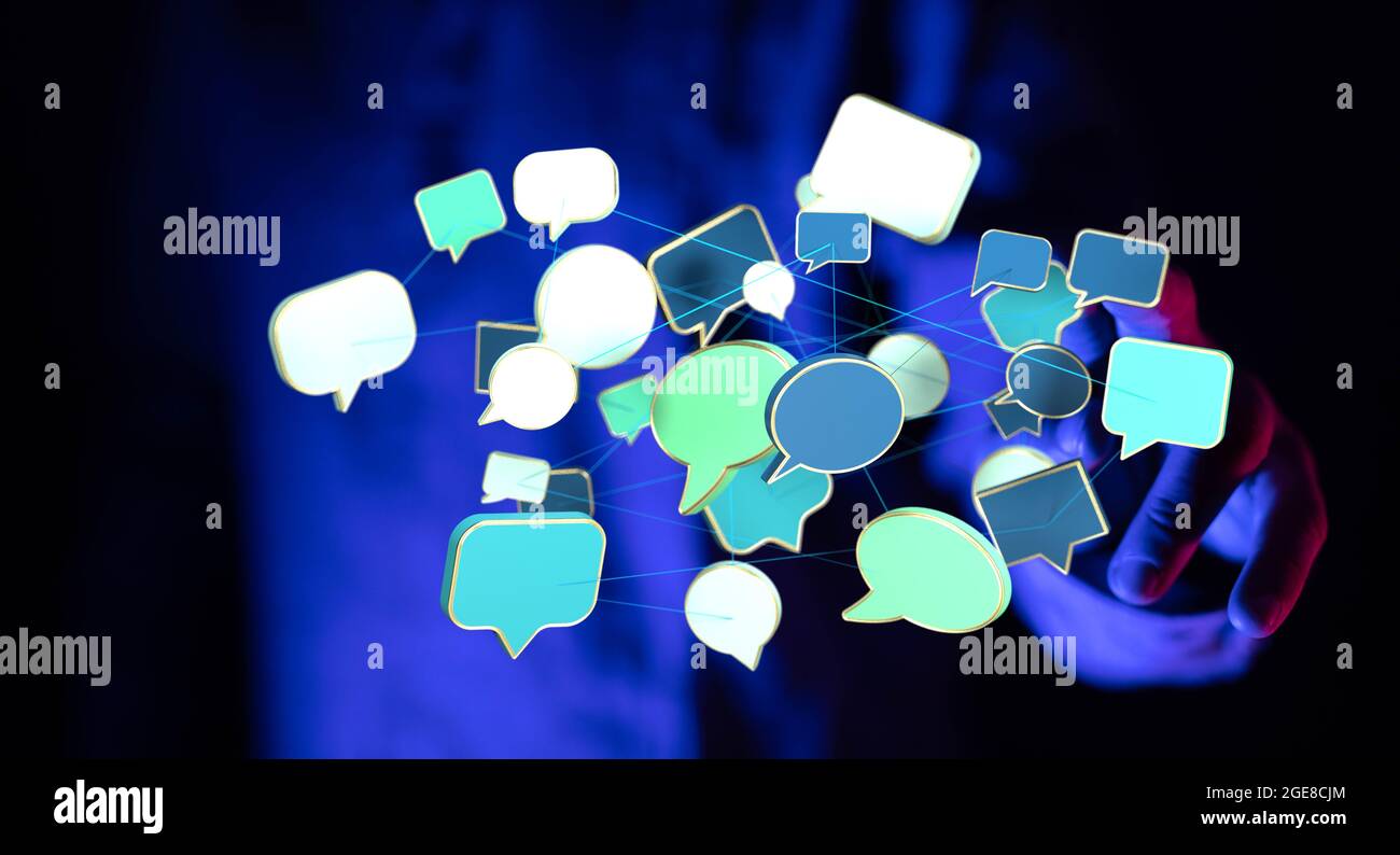 Person presenting the virtual projection of message bubbles Stock Photo ...