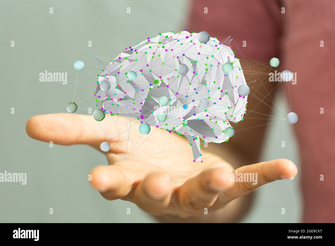 Person presenting the virtual projection of the human brain Stock Photo ...