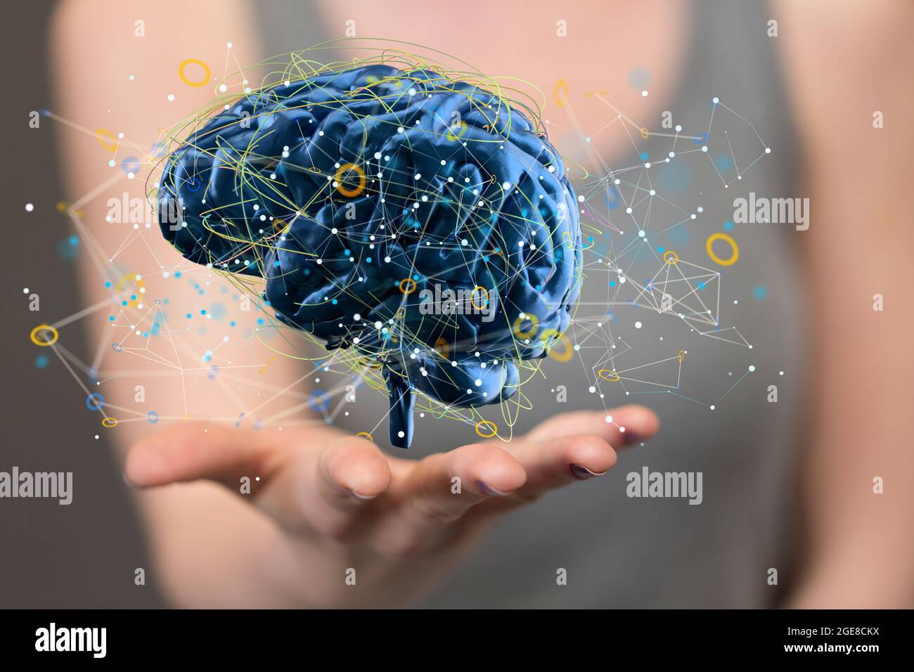 Person presenting the virtual projection of the human brain Stock Photo ...