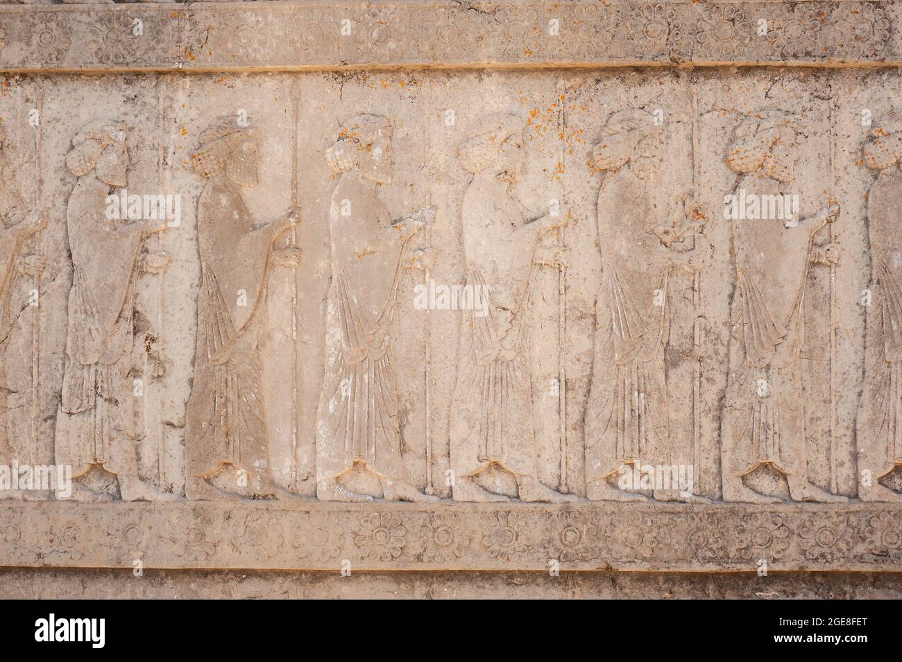 Bas relief on the wall of ruins in the Persepolis in Shiraz, Iran. The ...