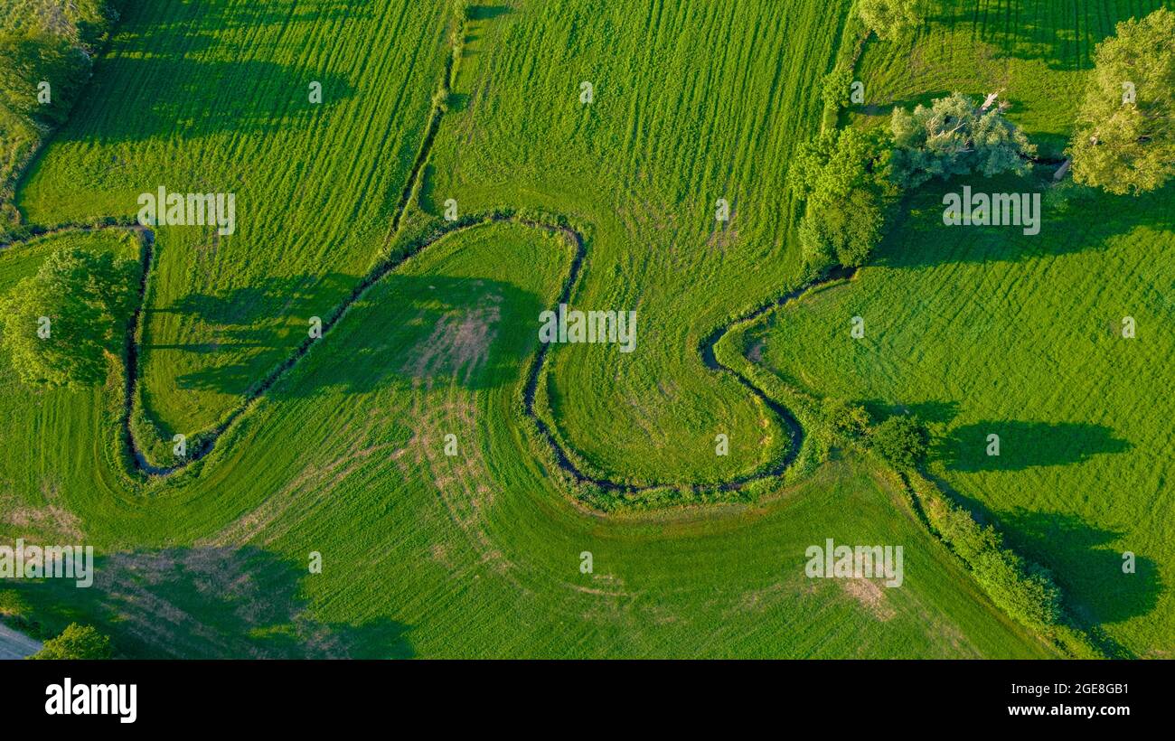 Aerial view of meandering lowland river in the lush green vegetation of ...