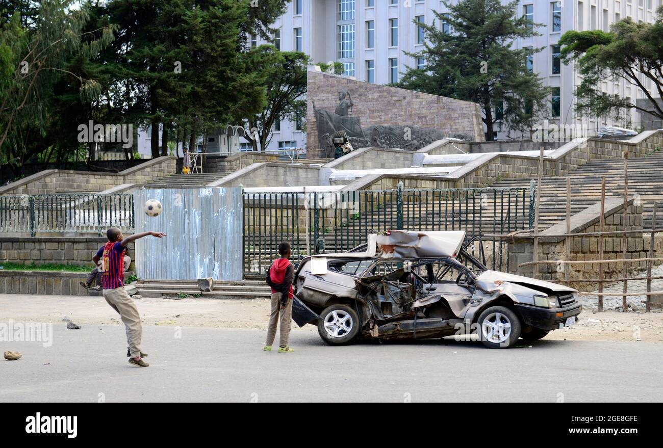 Wrecked cars from accidents displayed on Churchill Ave in Addis Ababa ...