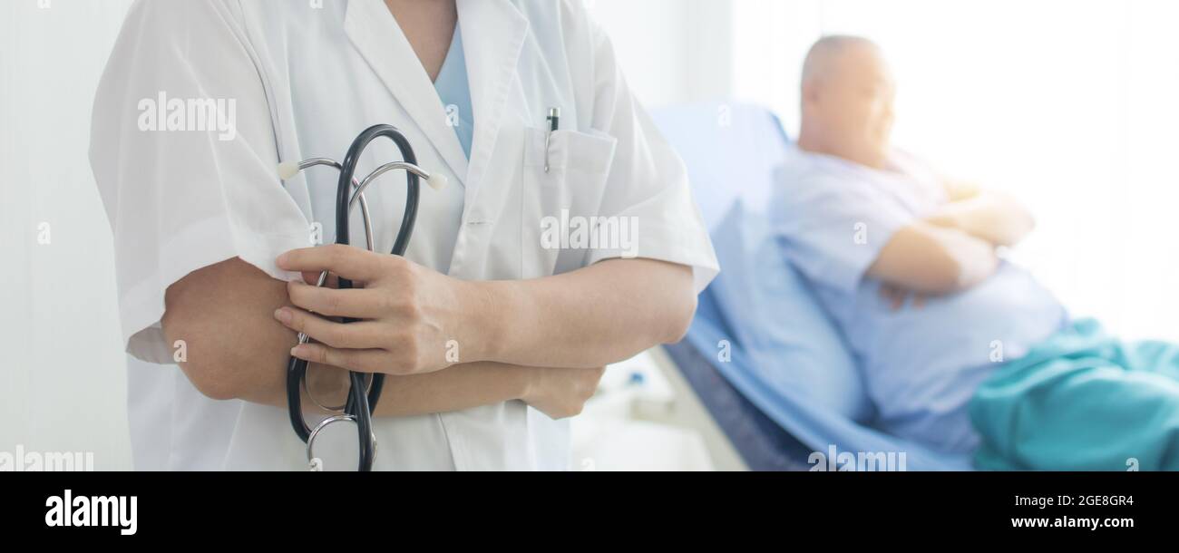 arms crossed of professional doctor with confidential treatment to old ...