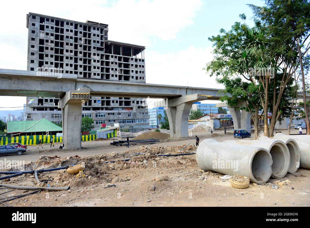 April 2014 Addis Ababa, Ethiopia. Construction of the light rail ...
