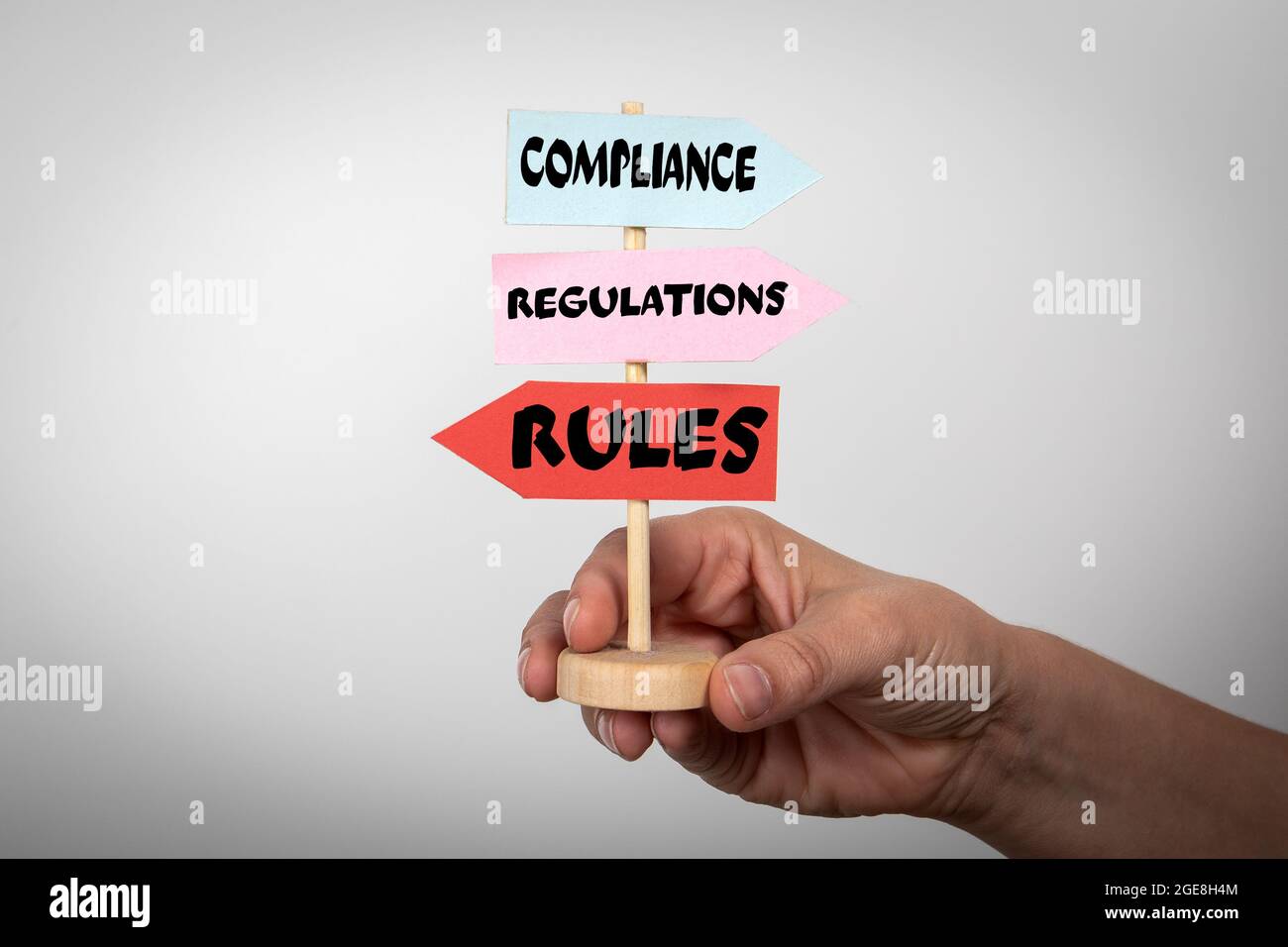Compliance, Regulations and Rules concept. Arrow pointing signs in a ...