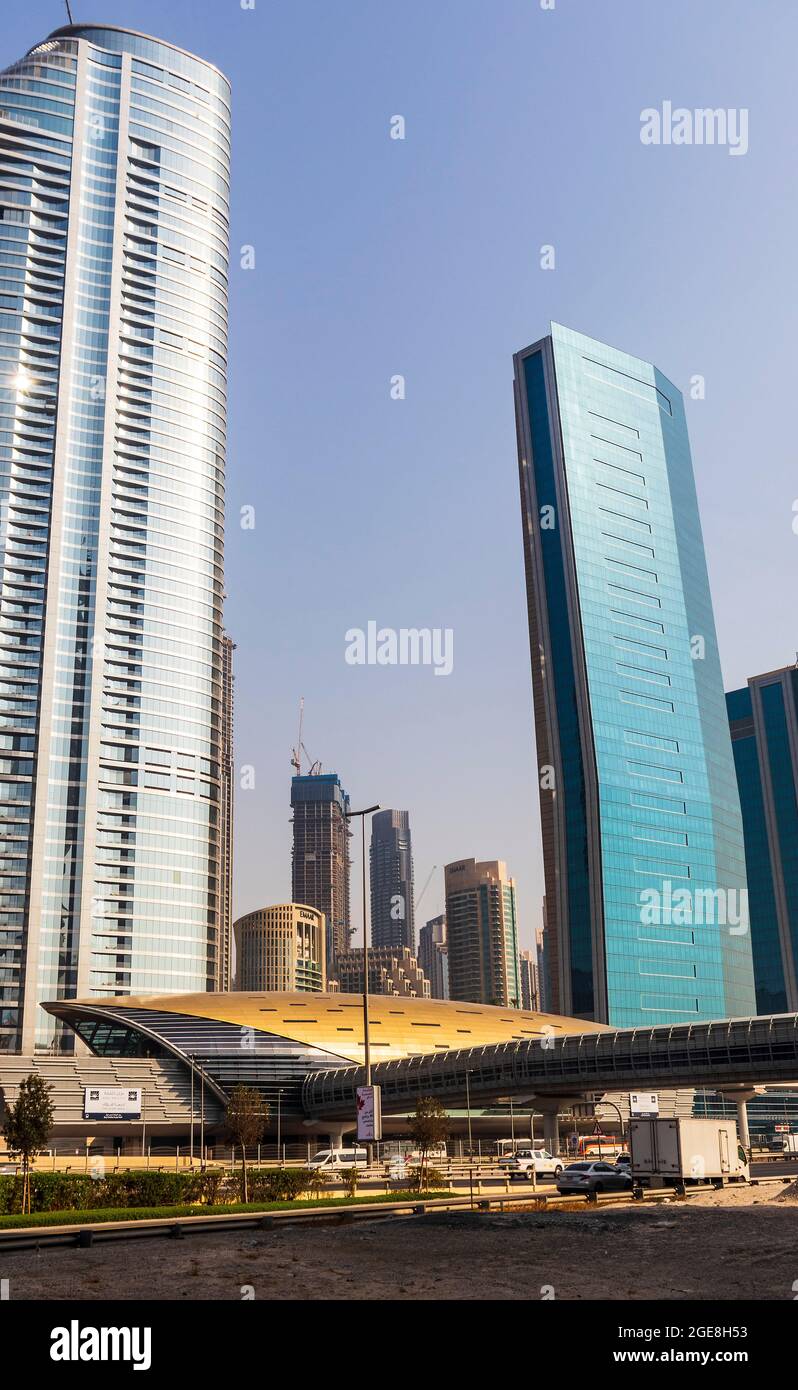 Dubai, UAE - 08.16.2021 - Sheikh Zayed road, Dubai Mall metro station ...