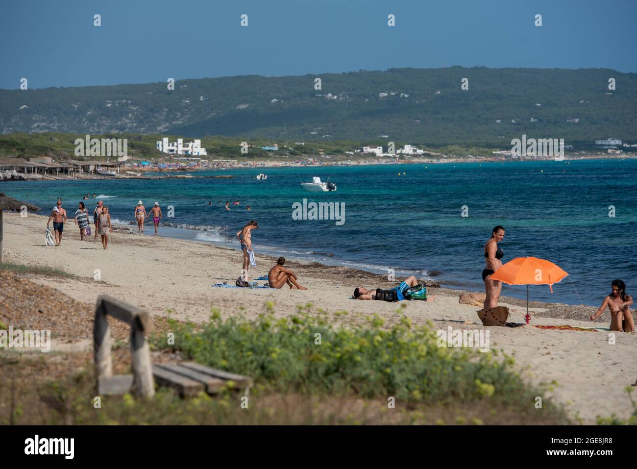 Formentera, Spain: 2021 August 17: People arriving at Mijorn beach in ...