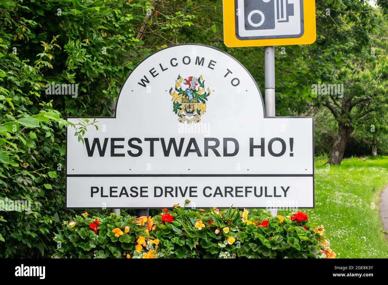WESTWARD HO!, DEVON, ENGLAND - 21 June 2021: Westward Ho! boundary sign ...