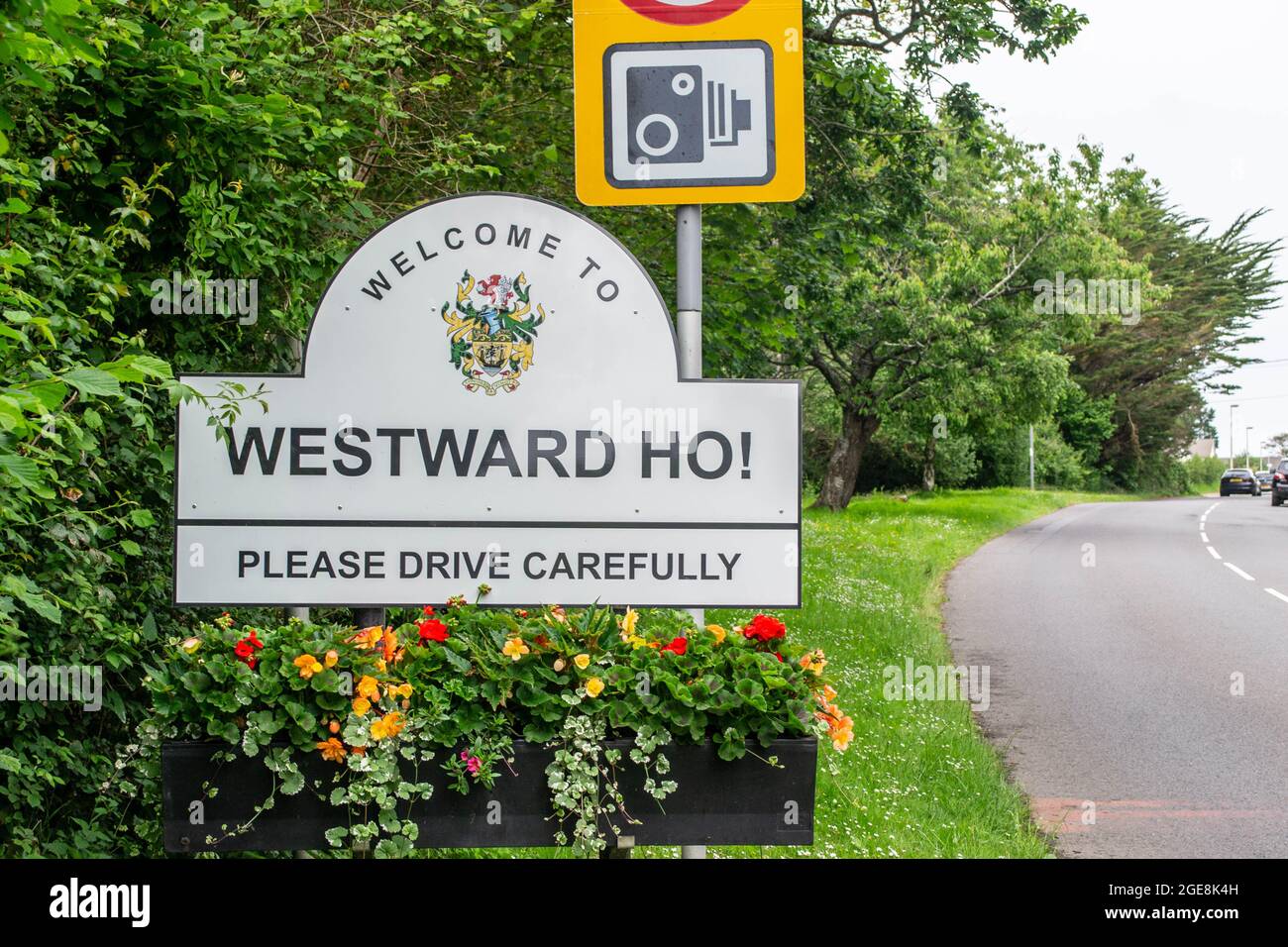 WESTWARD HO!, DEVON, ENGLAND - 21 June 2021: Westward Ho! boundary sign ...