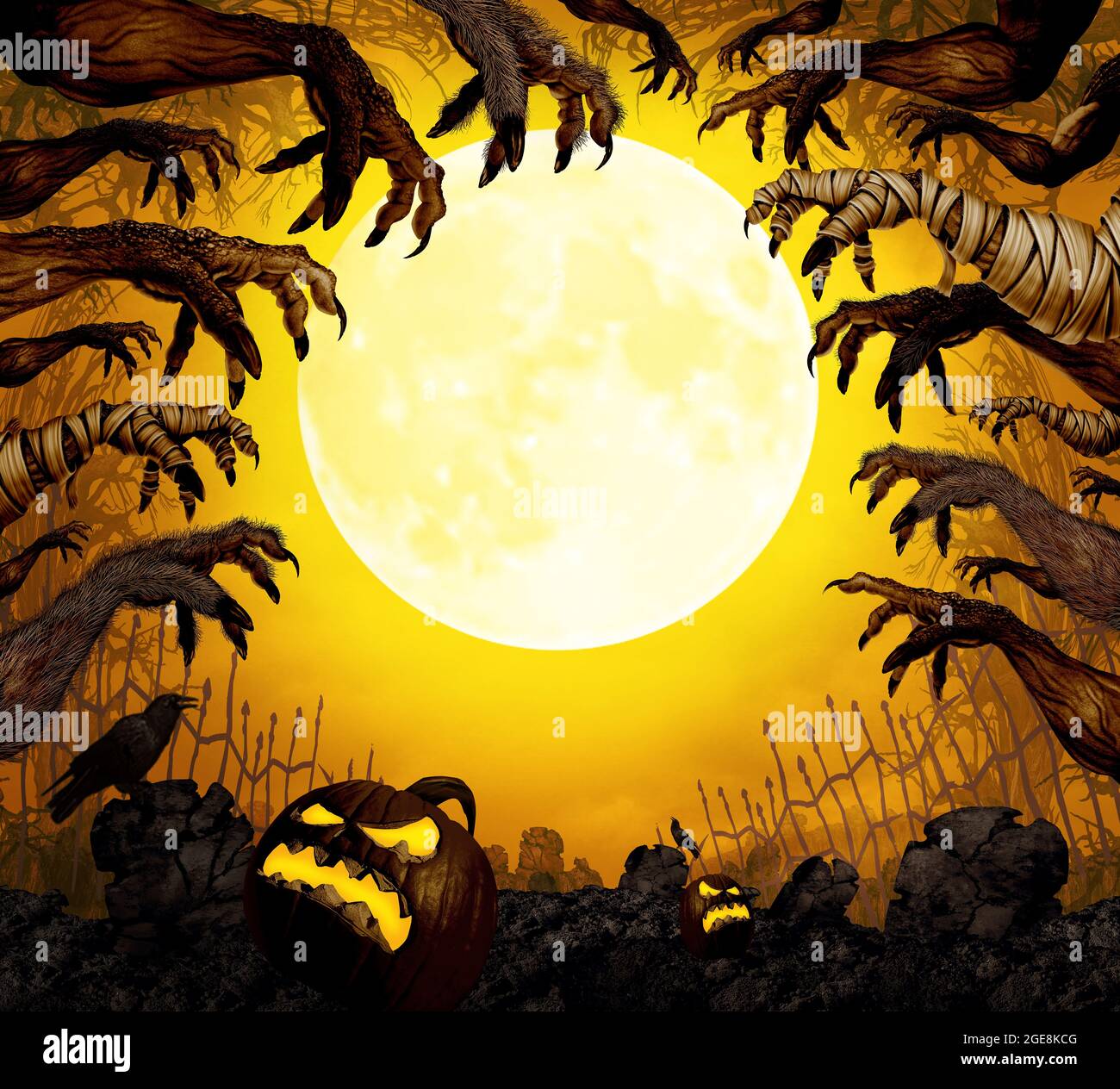 Halloween border with creepy monsters under the moonlight with 3D ...