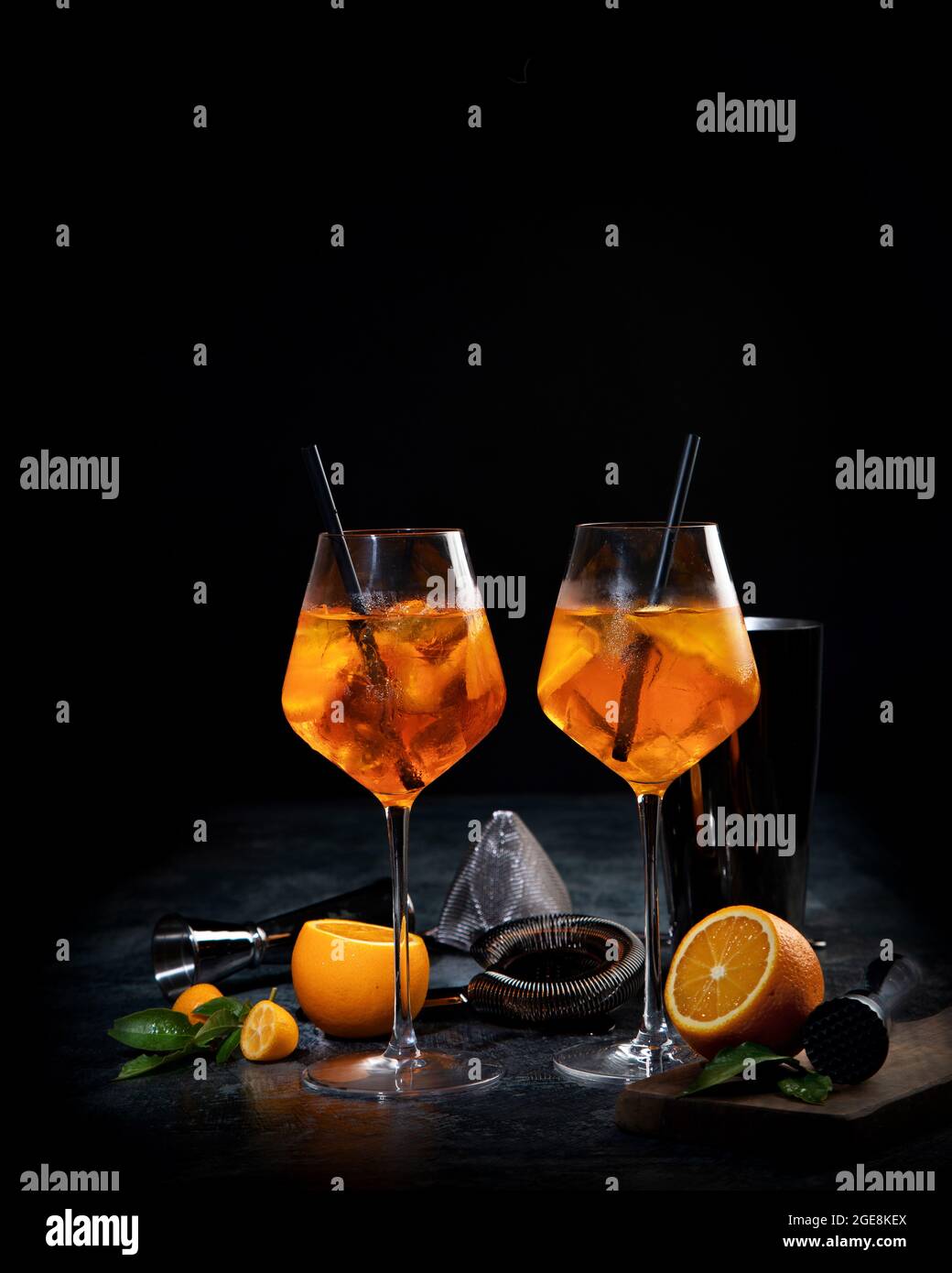 Aperol spritz cocktail served on dark background. Classic drink menu ...