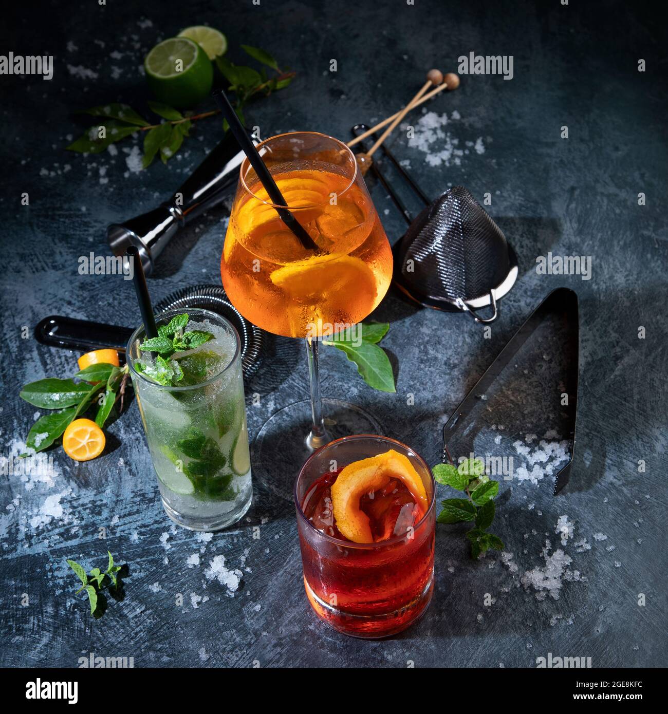 Cocktails assortment served on dark background. Classic drink menu ...