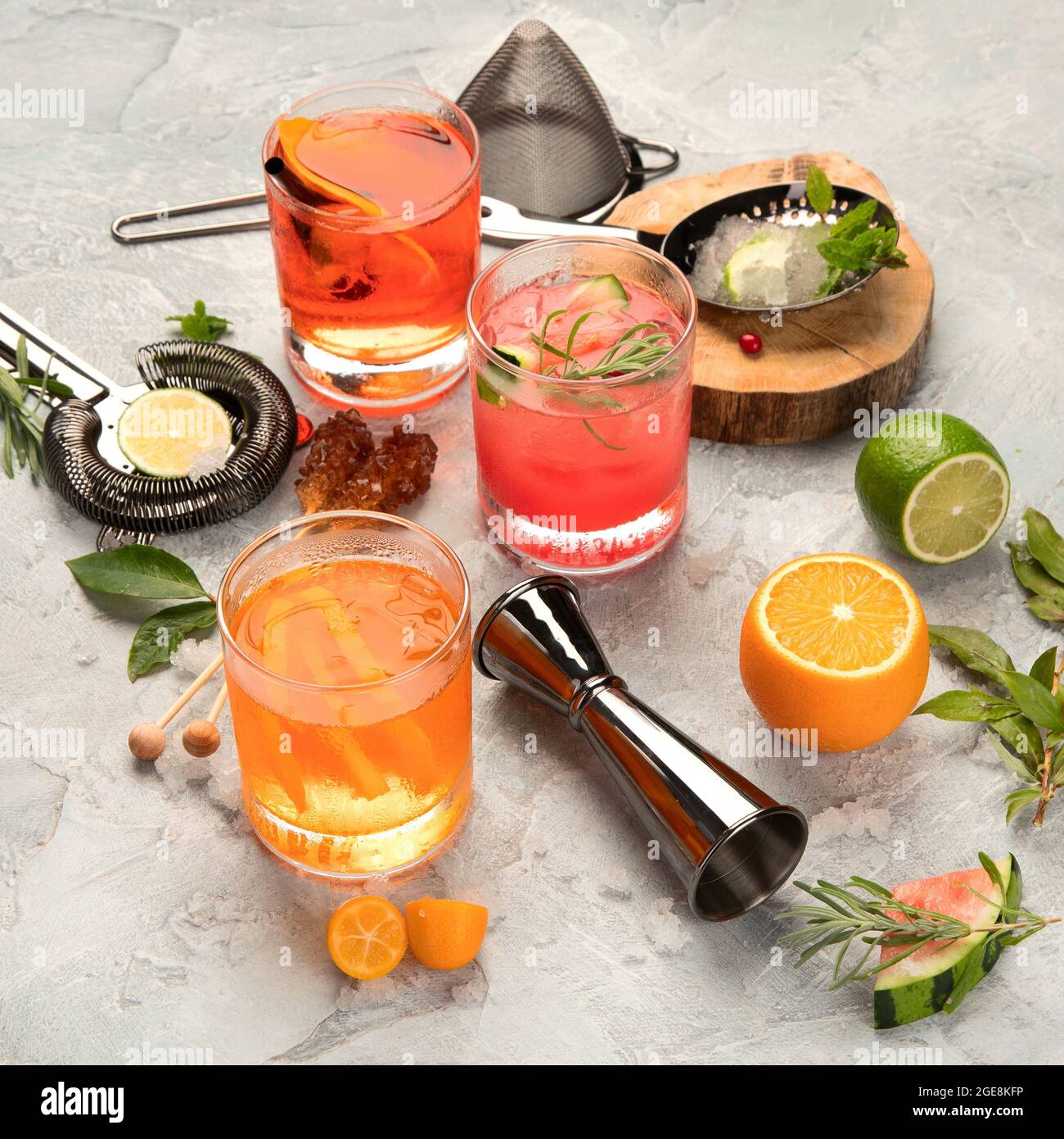 Cocktails assortment served on light background. Classic drink menu ...