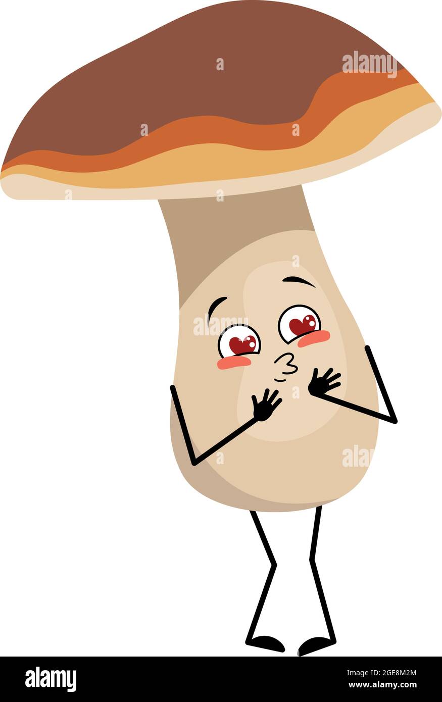 Cute mushroom character falls in love with eyes hearts, kiss face, arms ...