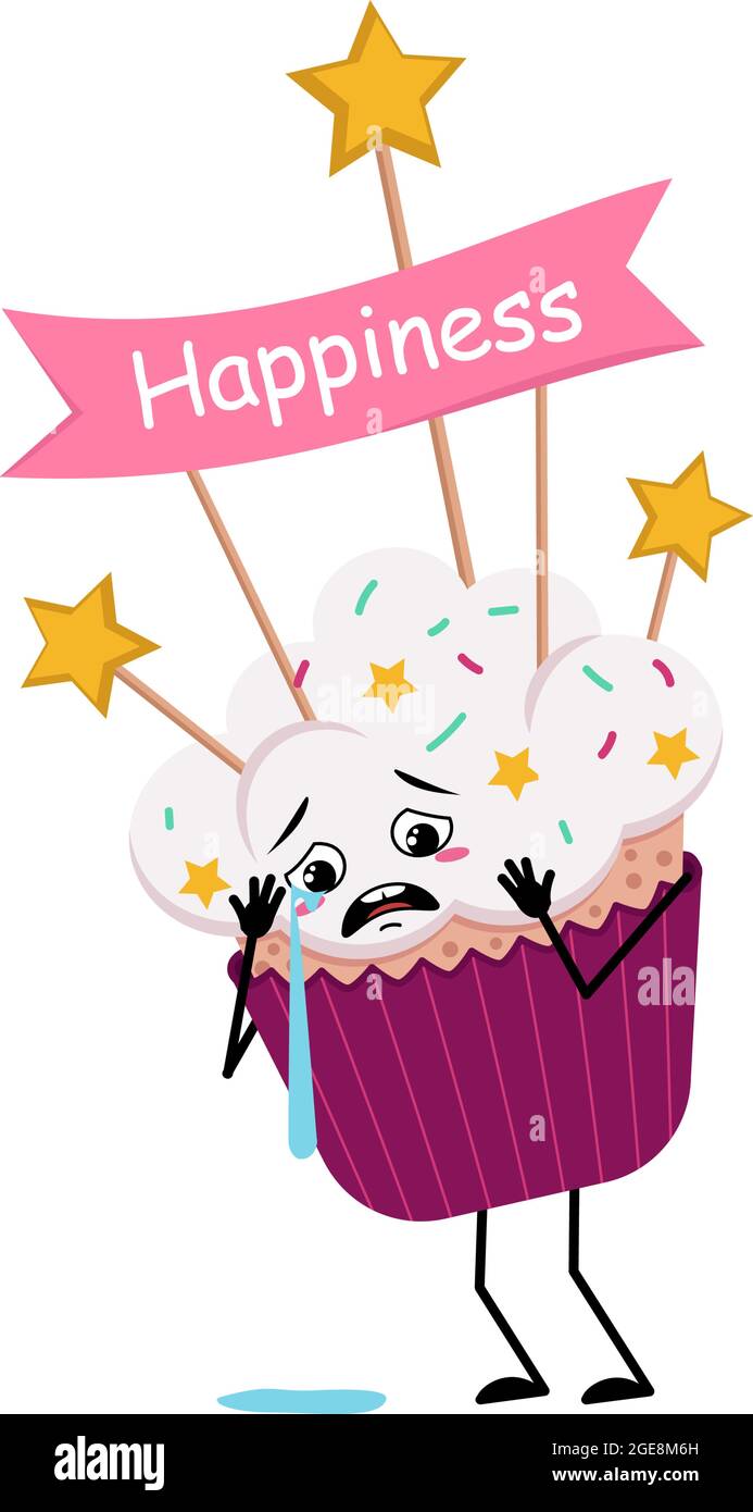 Cute cupcake character with crying and tears emotions, sad face, arms ...