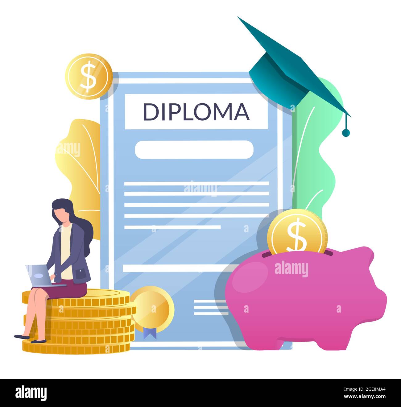 Diploma, graduation hat, piggy bank, woman sitting on coins, vector ...