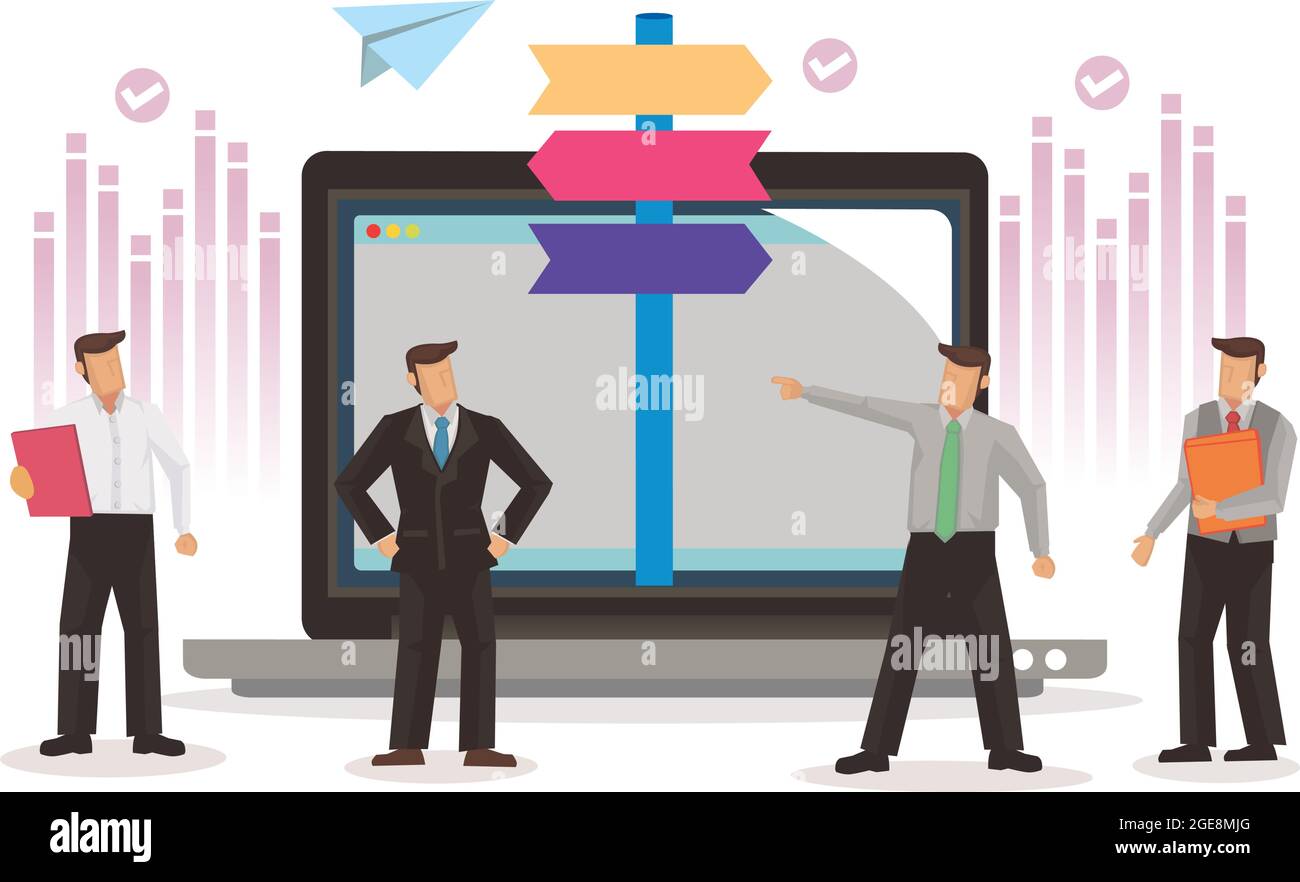 Businessmen with direction sign post from the laptop with different ...