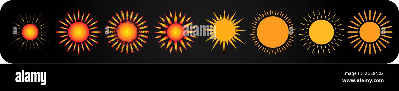 A set of isolated icons and shapes showing the sun in different colors ...