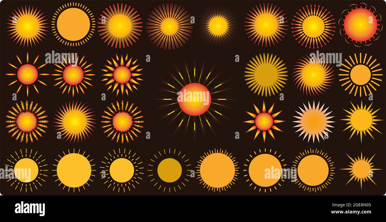 A set of isolated icons and shapes showing the sun in different colors ...