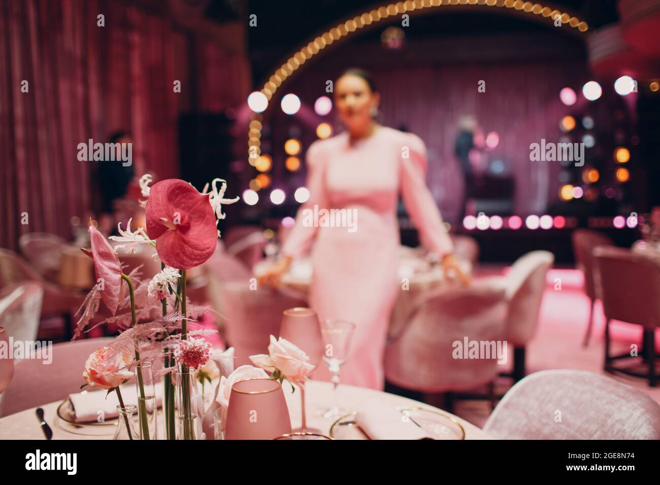 Romantic dinner pink decor table at restaurant Stock Photo - Alamy