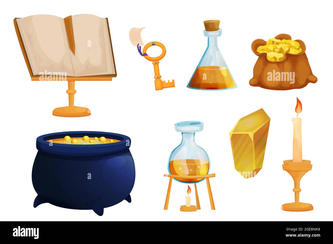 Set Witchcraft tools Magic Bottles with liquid potion, old book, gold ...