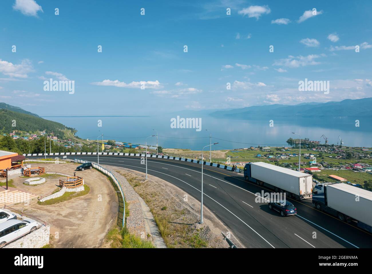 The Baikal serpentine road - aerial view of natural mountain valley ...