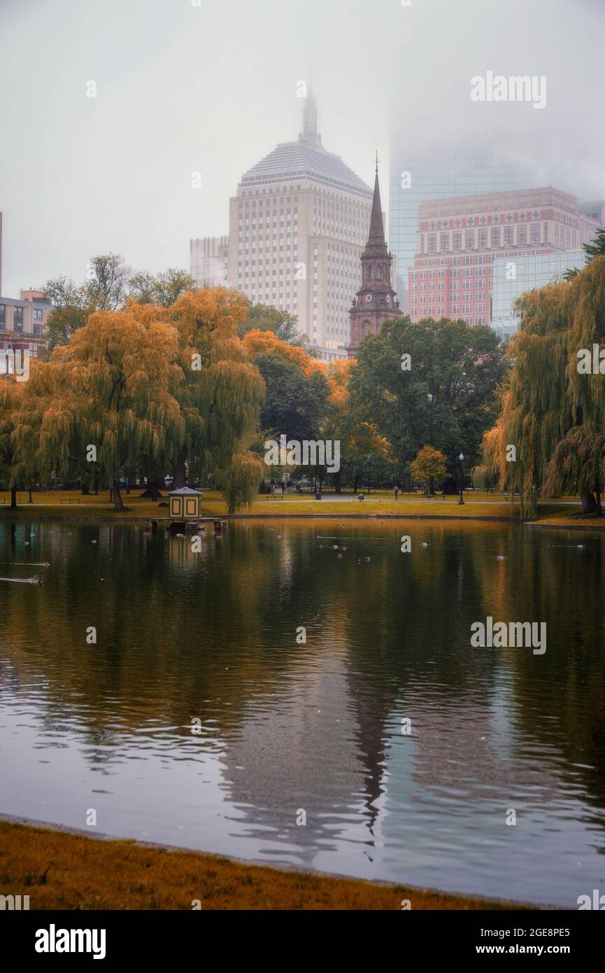 Foliage at Boston Common public park, Fall foggy day in October Stock ...