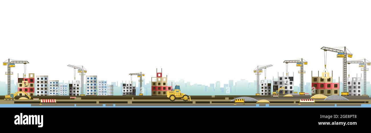 Construction of new microdistrict of city. Cranes and Tractors. Modern ...