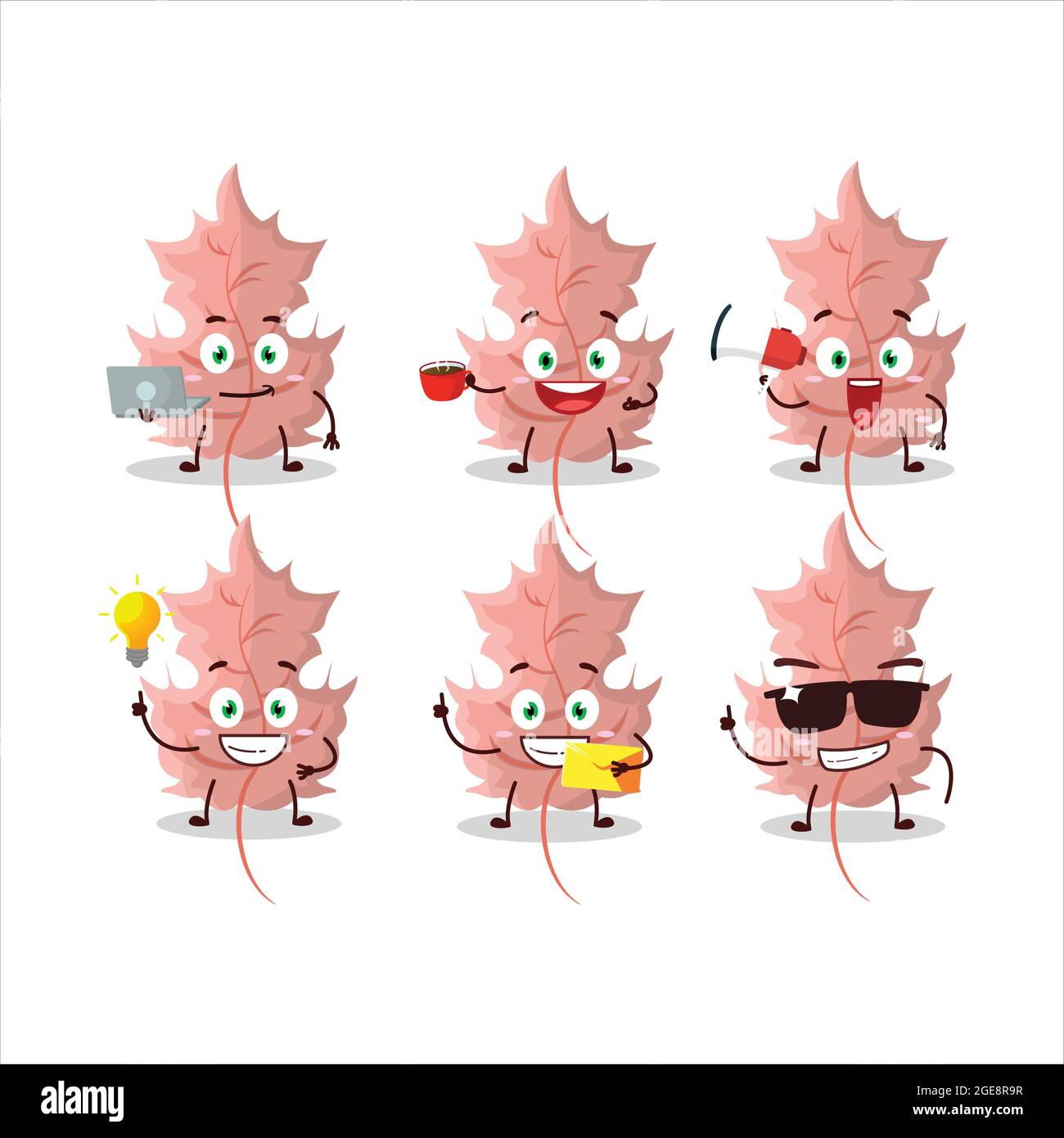 Oak pink leaf cartoon character with various types of business ...