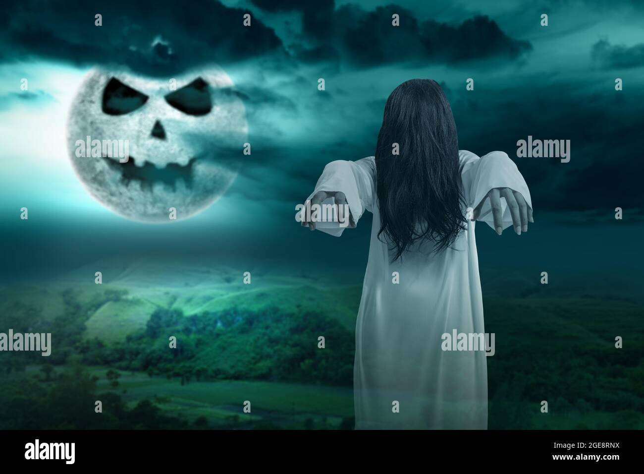 Scary ghost woman standing with night scene background. Halloween ...