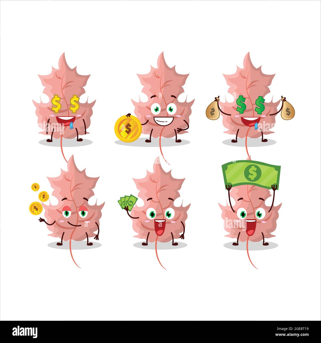 Oak pink leaf cartoon character with cute emoticon bring money. Vector ...