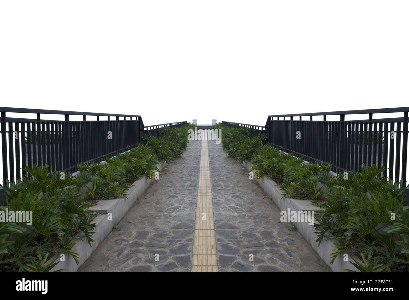 Pathway with green plants and fence isolated over white background ...