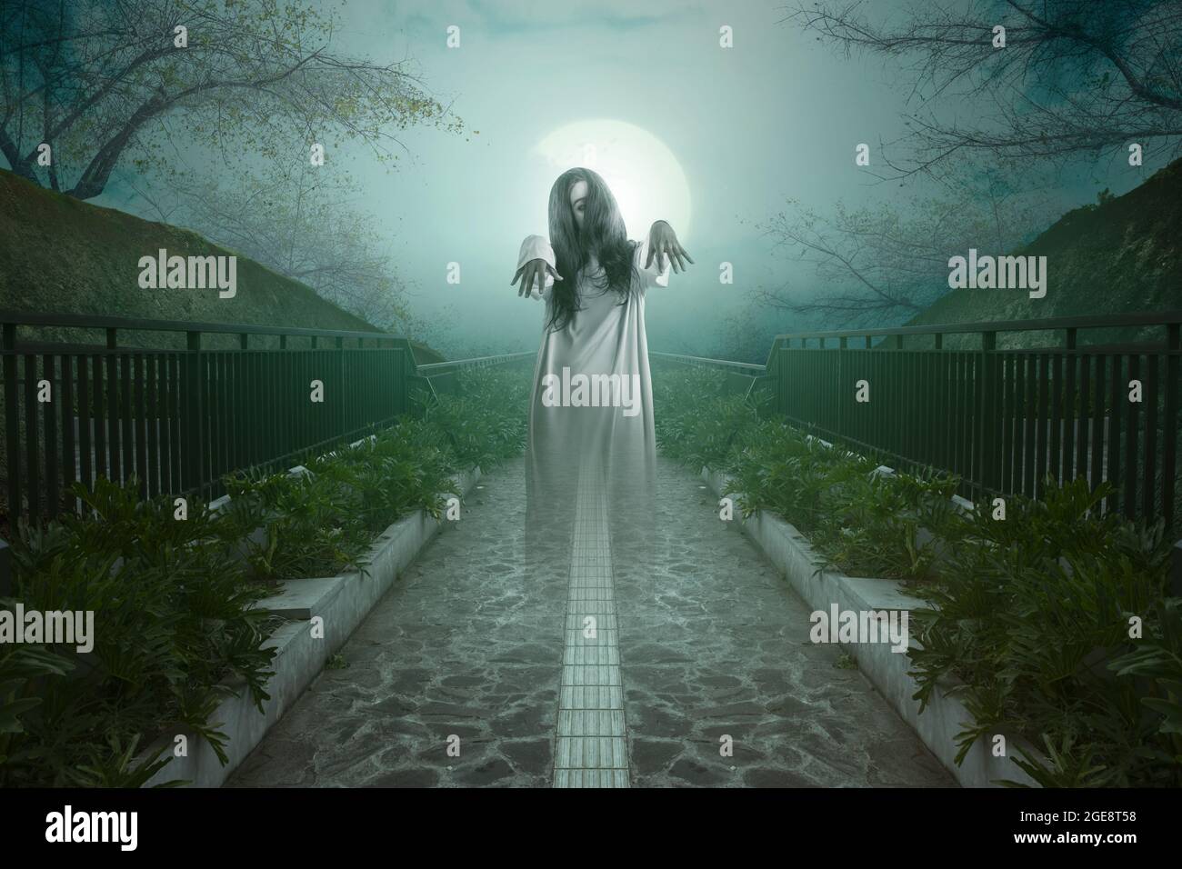 Scary ghost woman standing on the pathway with fog and moonlight ...