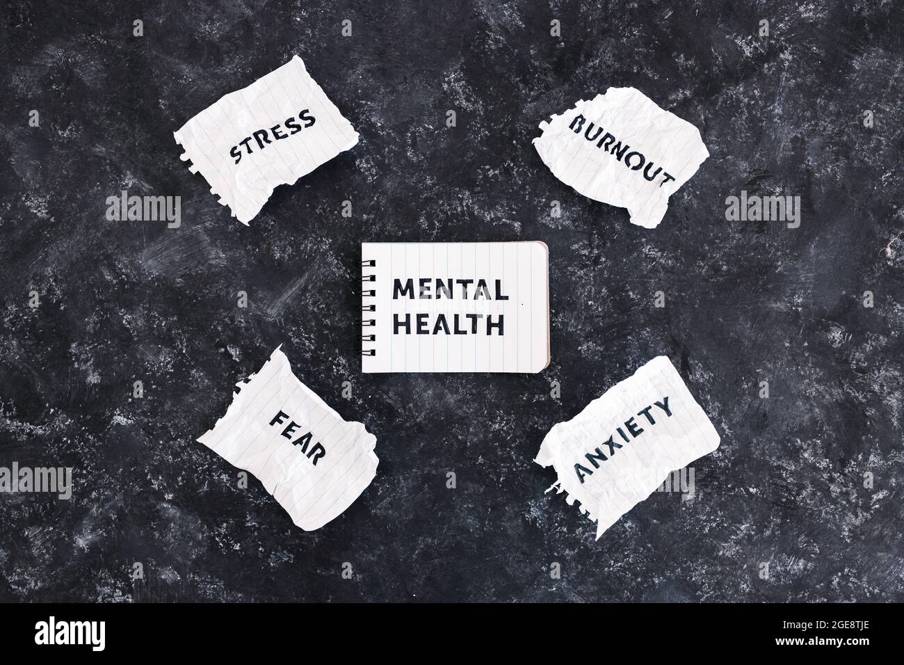 Mental health text on notepad surrounded by Fear Anxiety Stress and ...