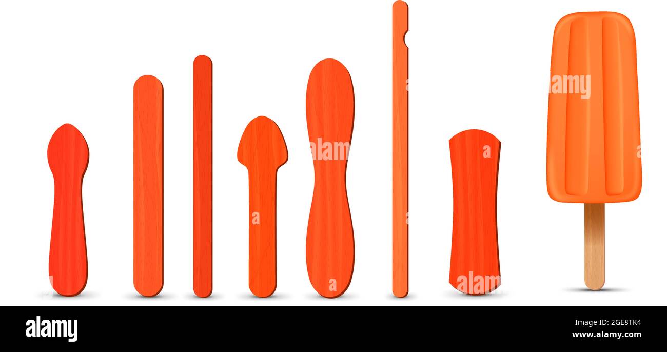 Set of realistic popsicle sticks. Orange ice cream 3D. Vector ...