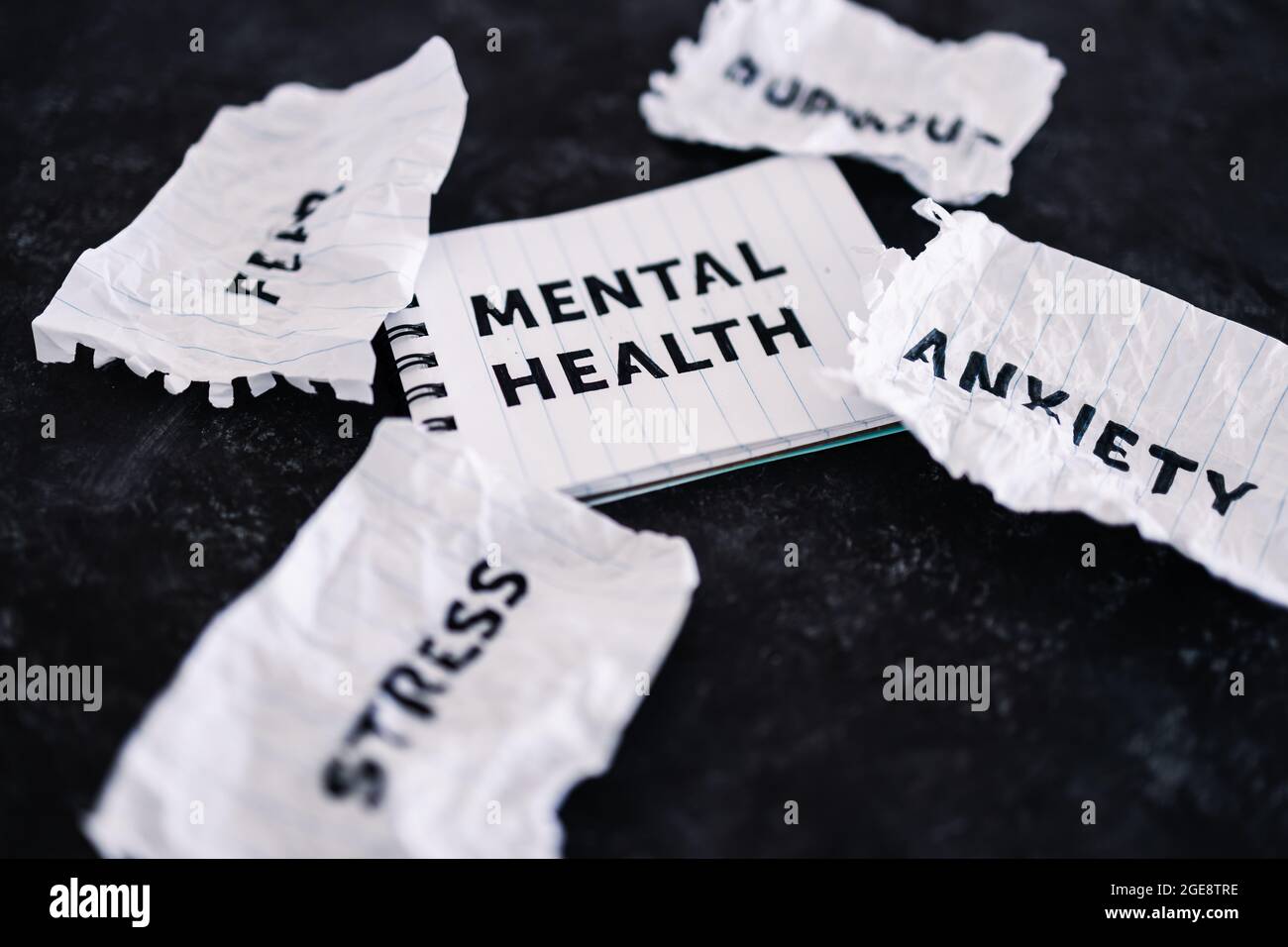 Mental health text on notepad surrounded by Fear Anxiety Stress and ...