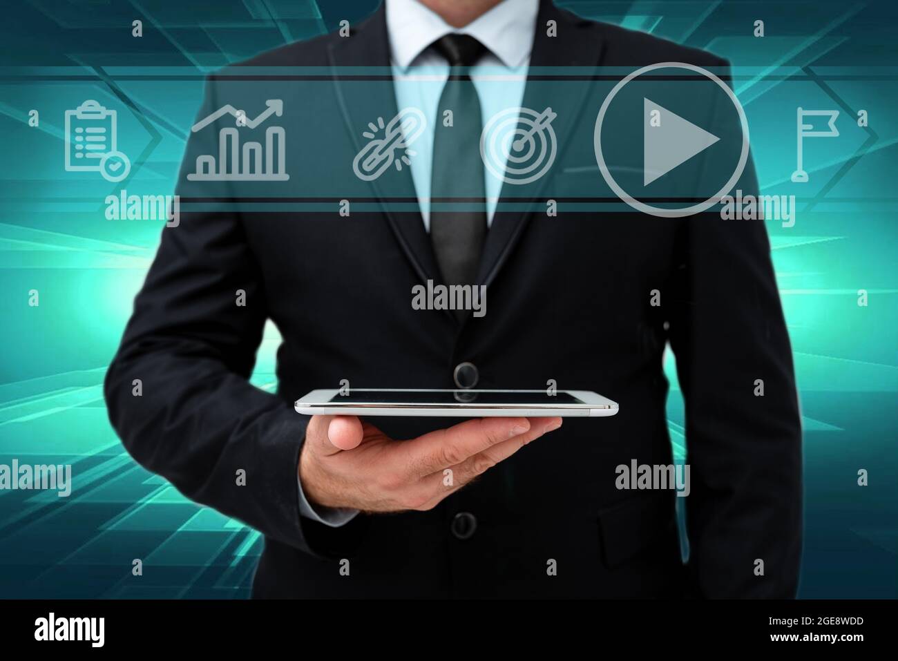 Man In Office Uniform Standing Holding Tablet Displaying New Modern ...