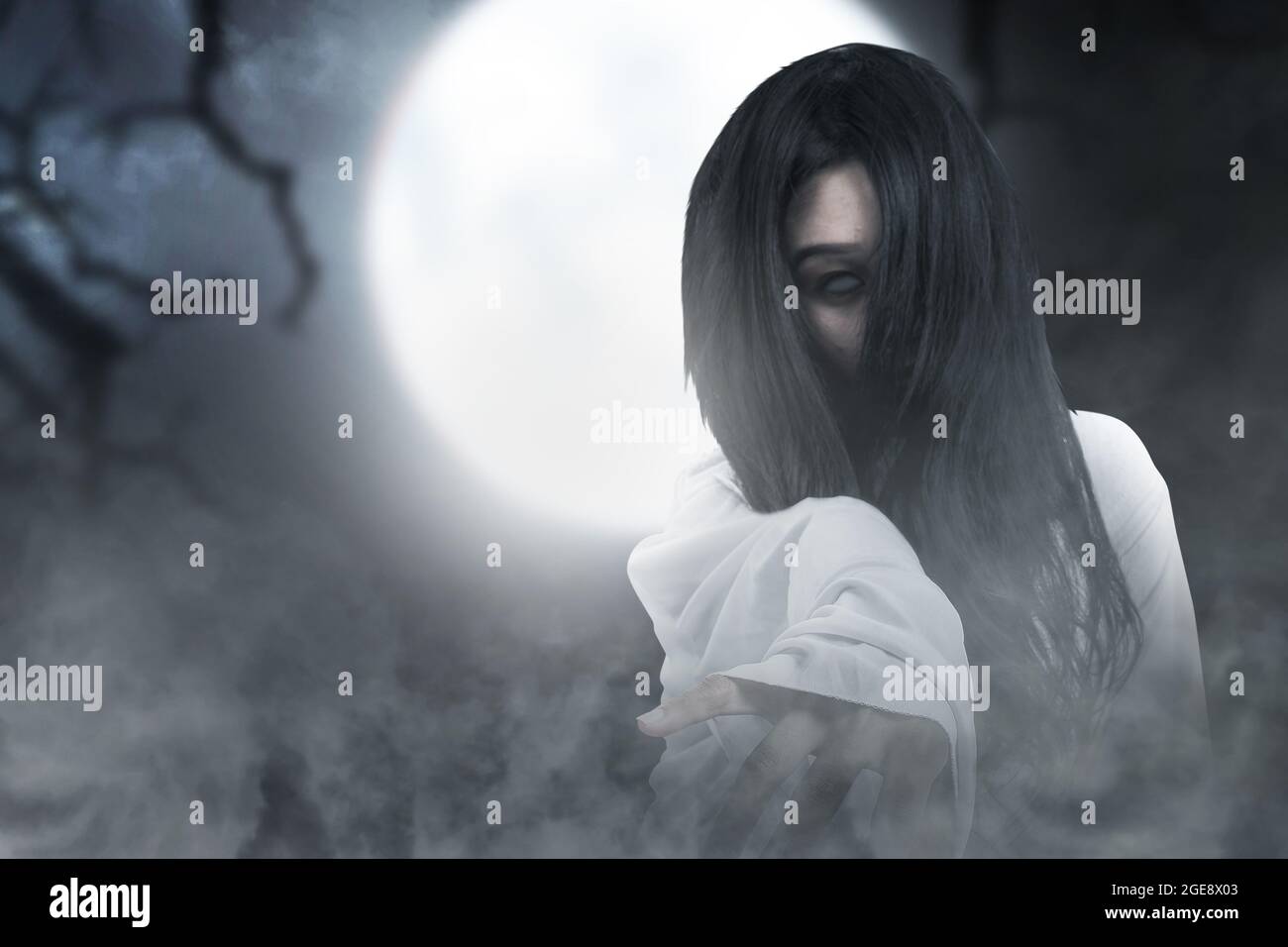 Scary ghost woman standing with night scene background. Halloween ...