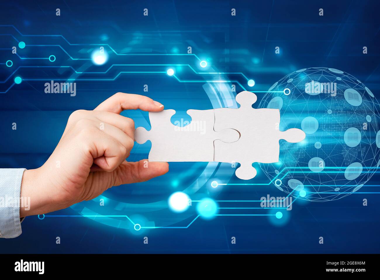 Hand Holding Jigsaw Puzzle Piece Unlocking New Futuristic Technologies. Palm Carrying Puzzles ...