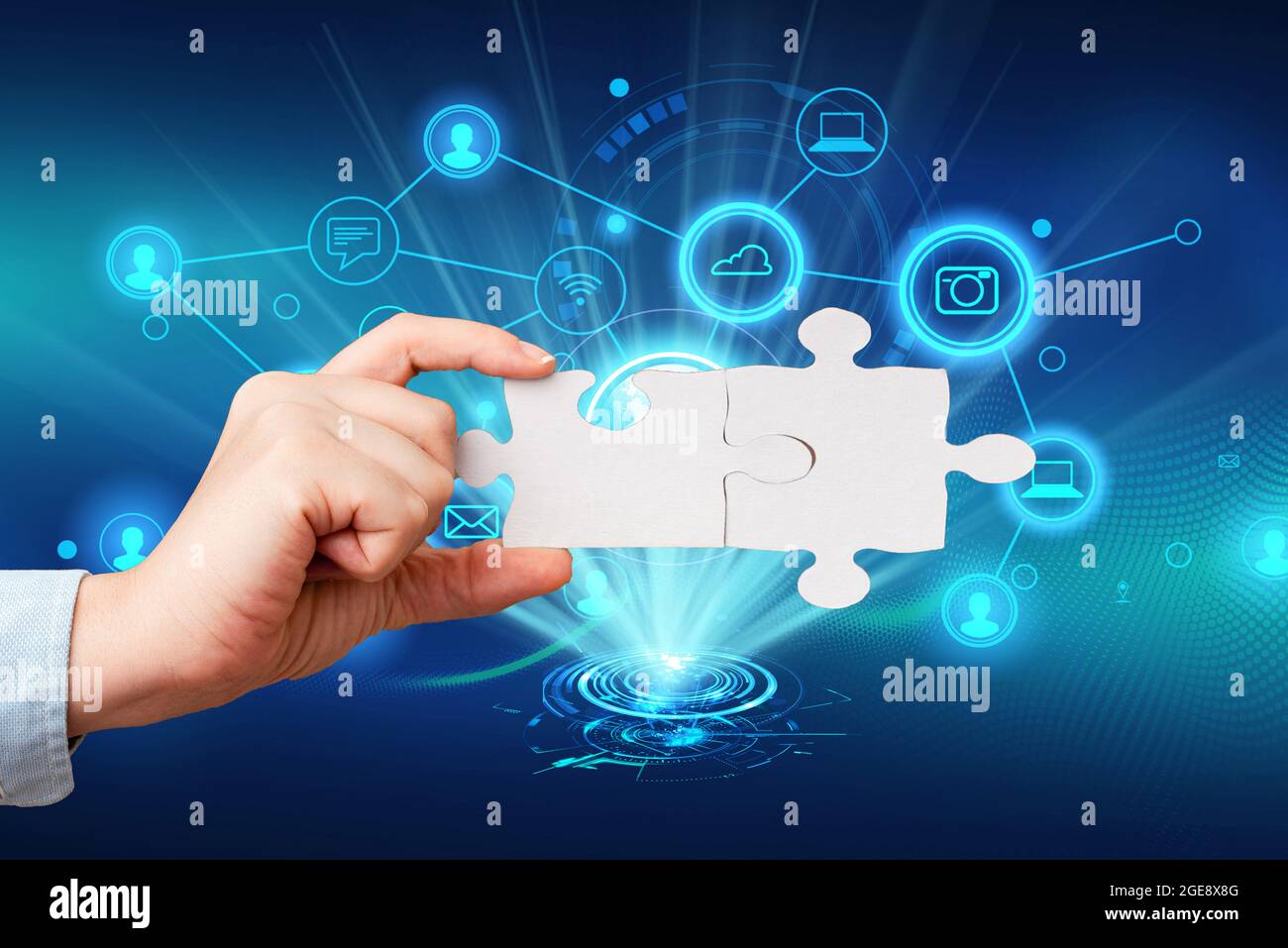 Hand Holding Jigsaw Puzzle Piece Unlocking New Futuristic Technologies ...