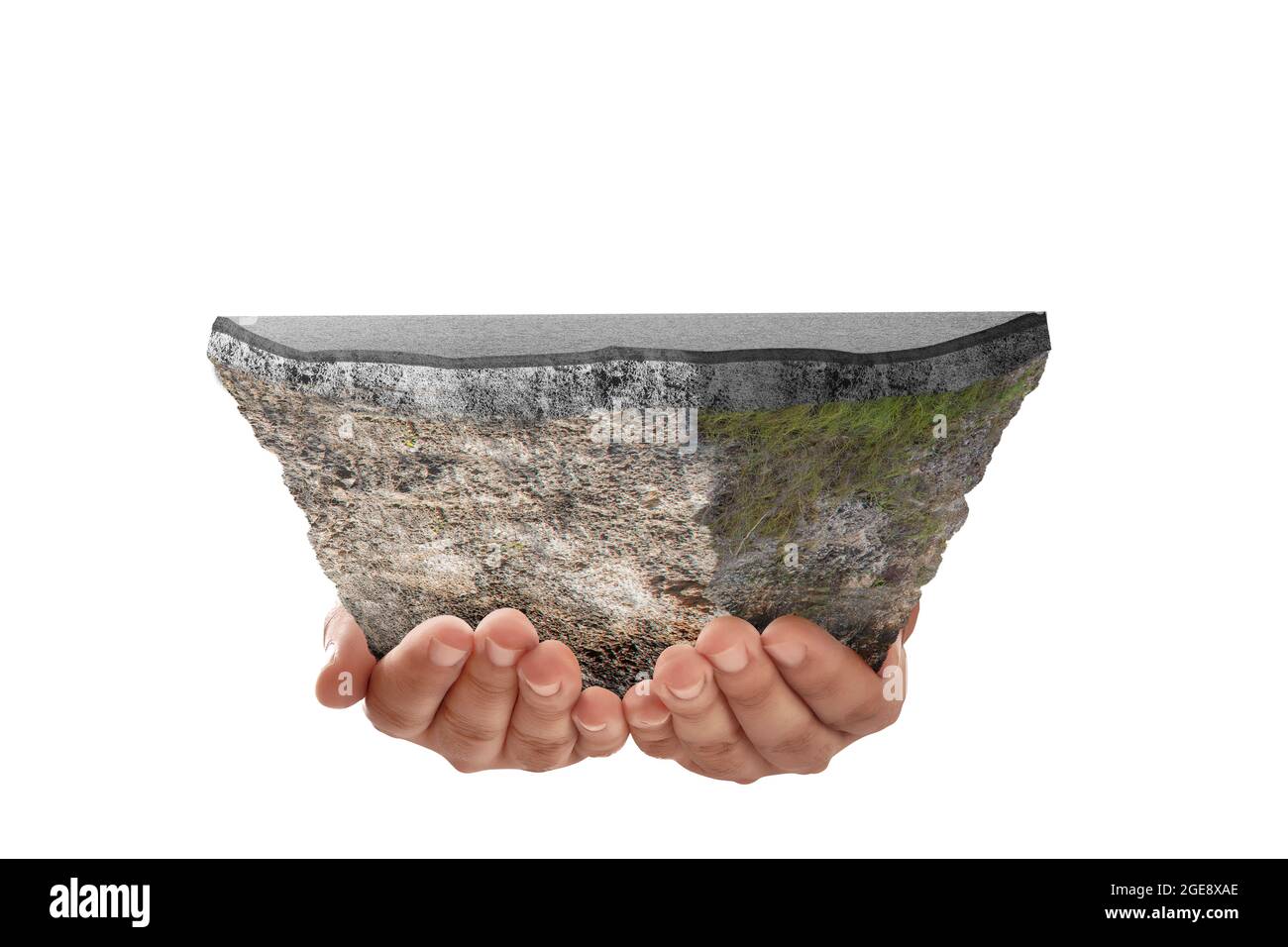 Human hand holding underground soil layer of cross-section earth with ...