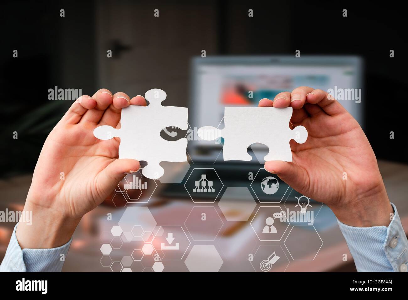 Business Woman Holding Jigsaw Puzzle Piece With Two Hands Unlocking New ...