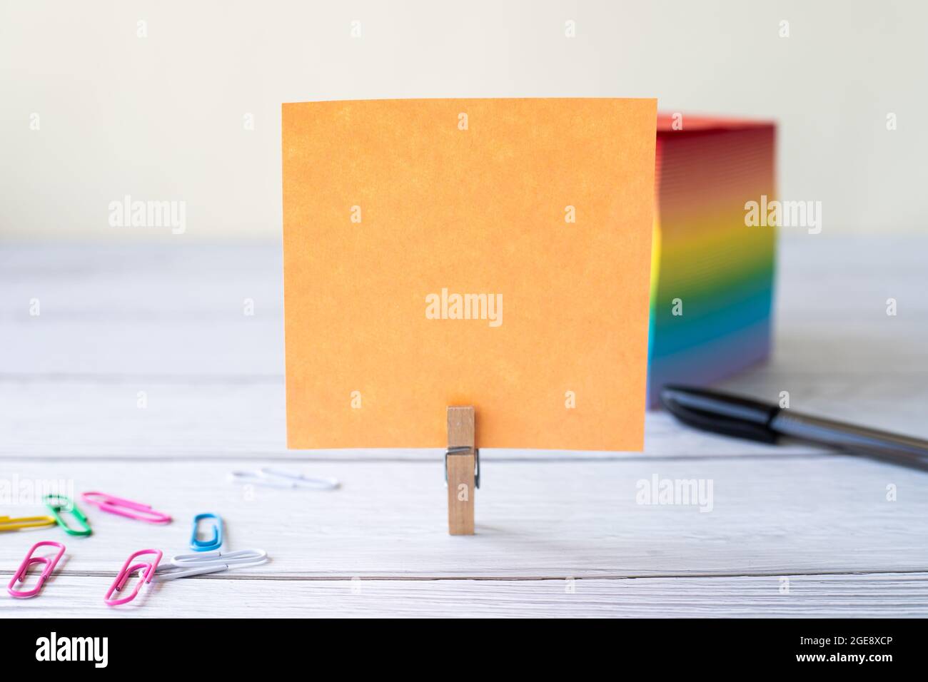Blank Sticky Note With Laundry Clip Stack Of Colorful Paper Pen Placed ...