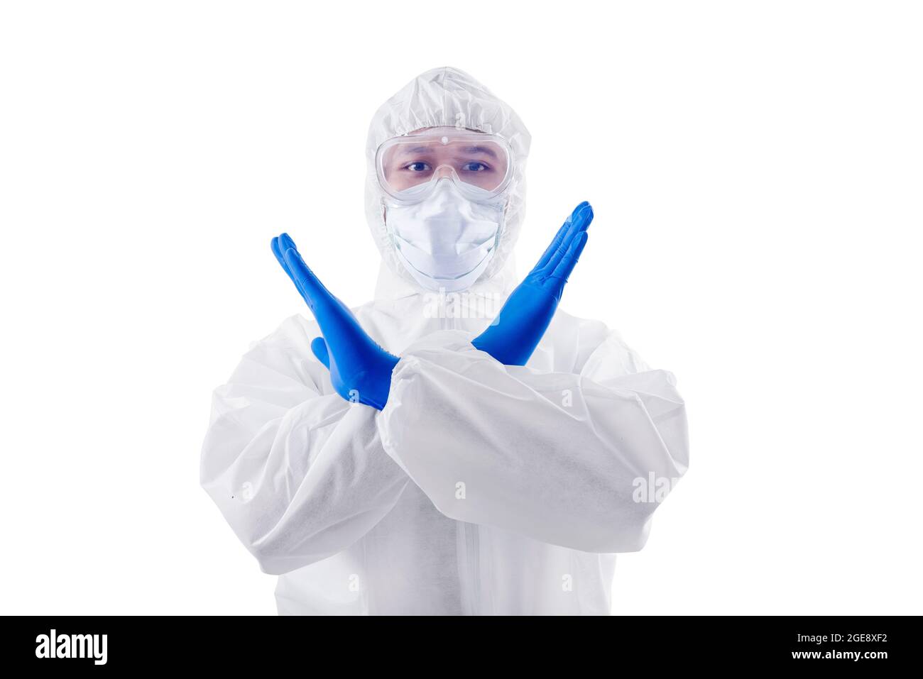 Health worker man with a protective suit and gloves standing with hand ...