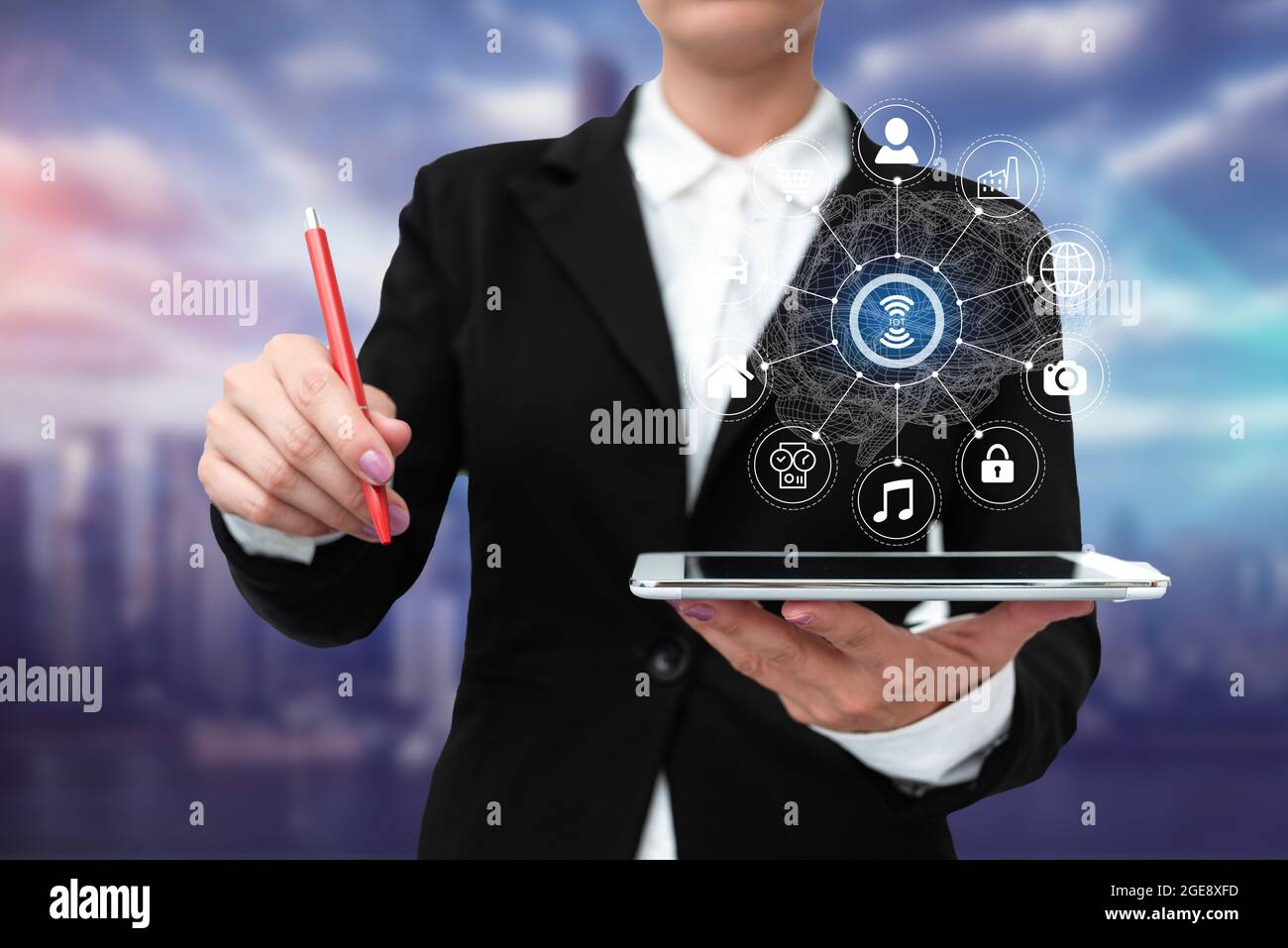 Lady In Uniform Standing Holding Tablet And Virtually Typing With Pen ...