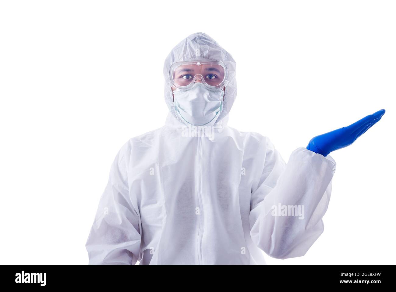 Health worker man with a protective suit and gloves standing with open ...