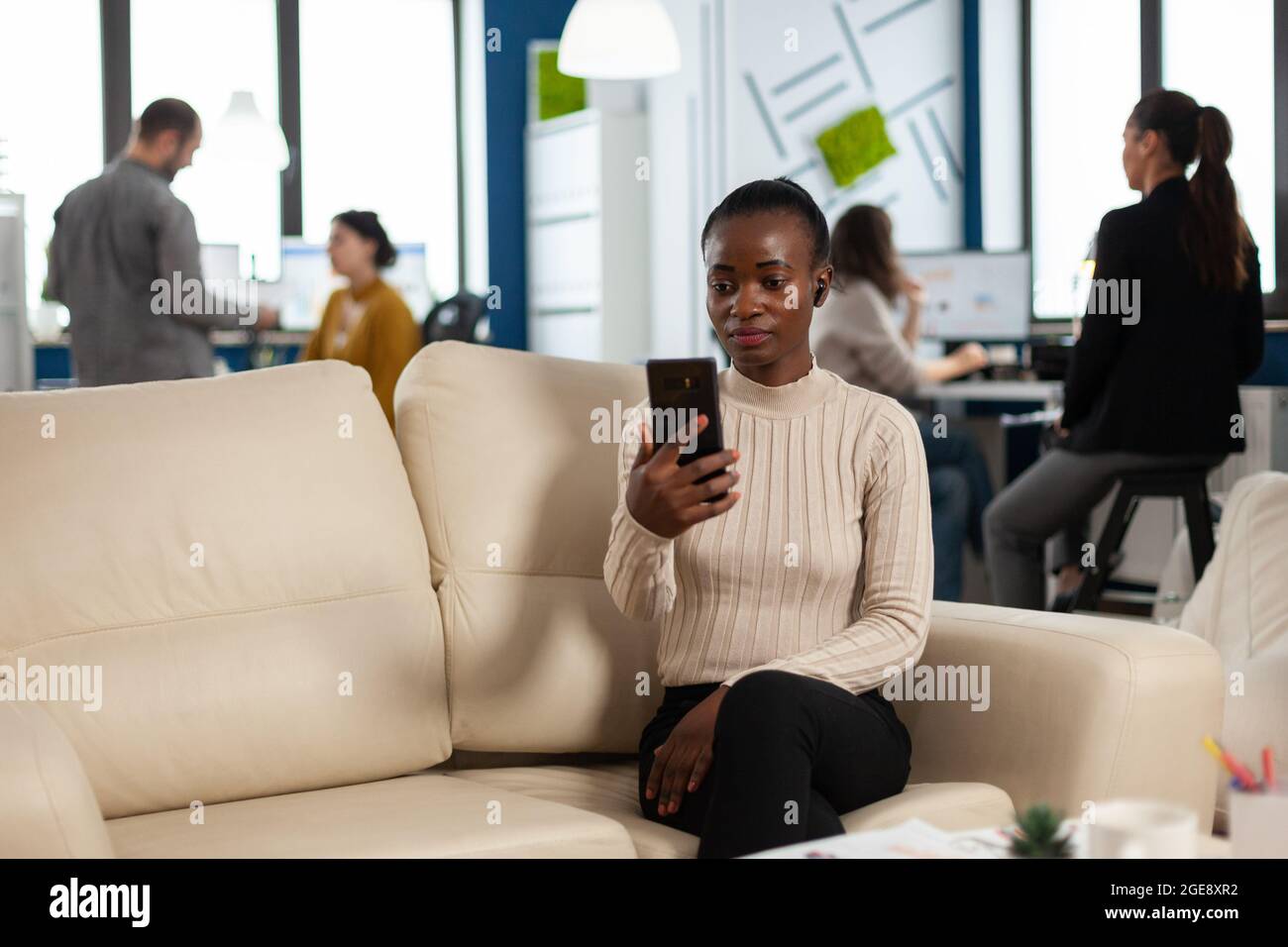 African manager woman discussing with remote colleagues on video call ...