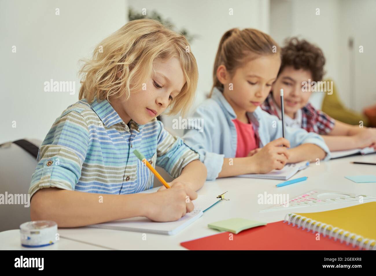 Quality education. Diligent schoolboy making notes during lesson. Kids ...