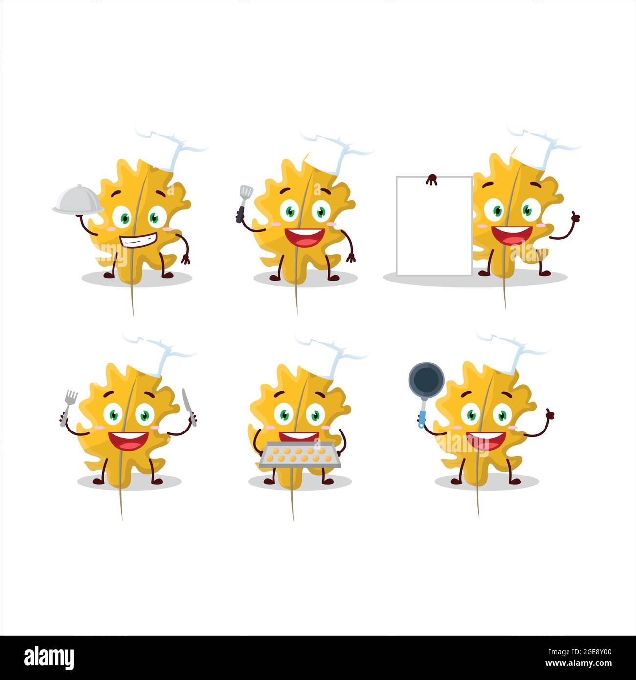 Cartoon character of oak yellow leaf angel with various chef emoticons ...