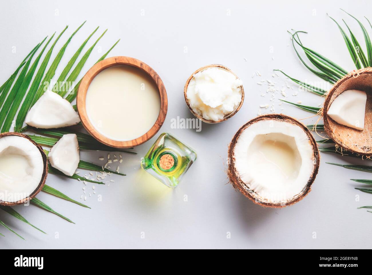 Natural Coconuts products - mct butter, oil, milk, shavings on gray ...